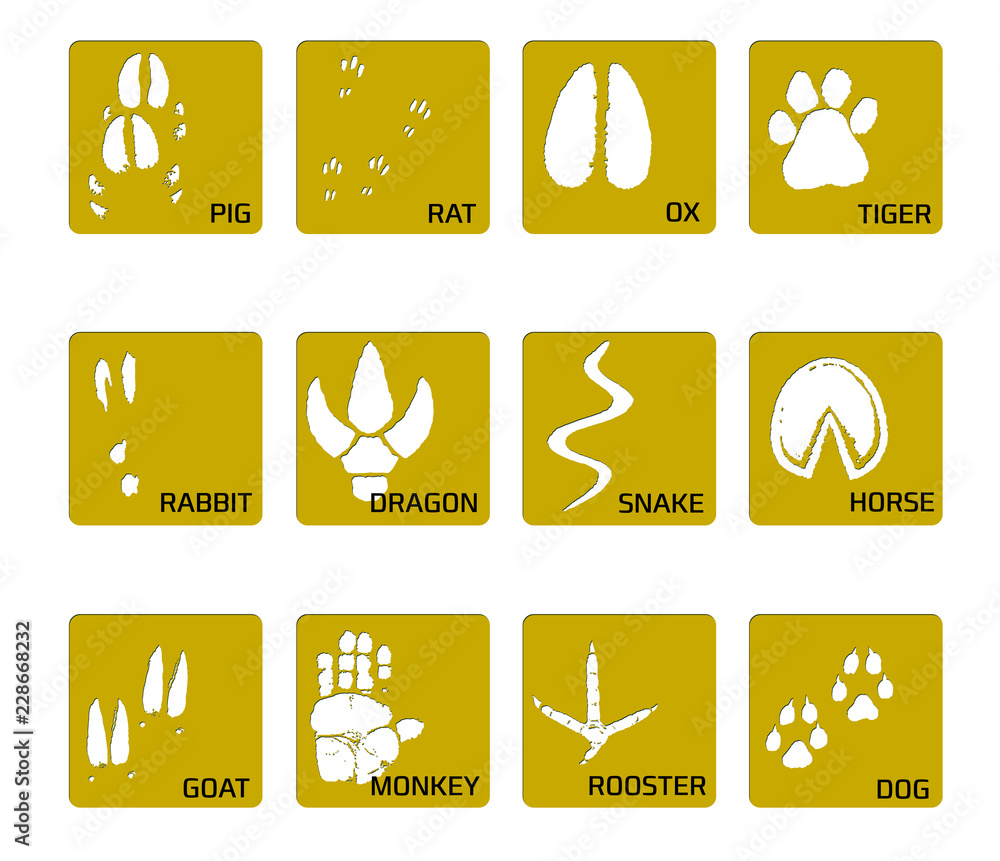 Chinese zodiac signs icons set on blue round background. Footprints of ...
