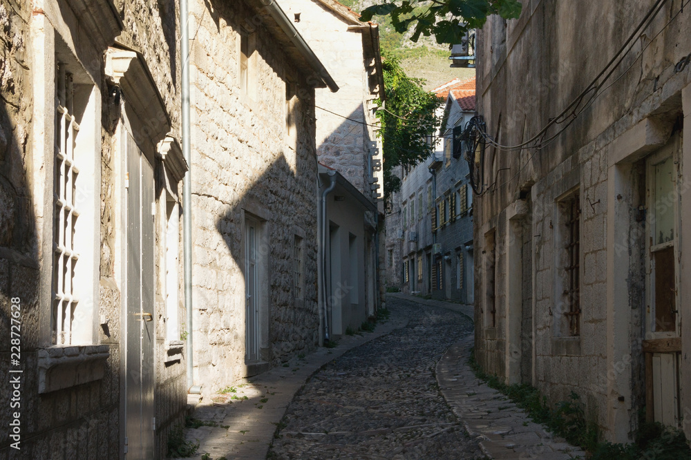 Old narrow winding street. Montenegro, view of Gabela street in Risan ...