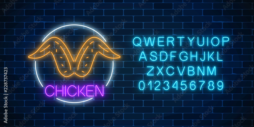 Neon glowing sign of chicken wings in circle frame with alphabet ...
