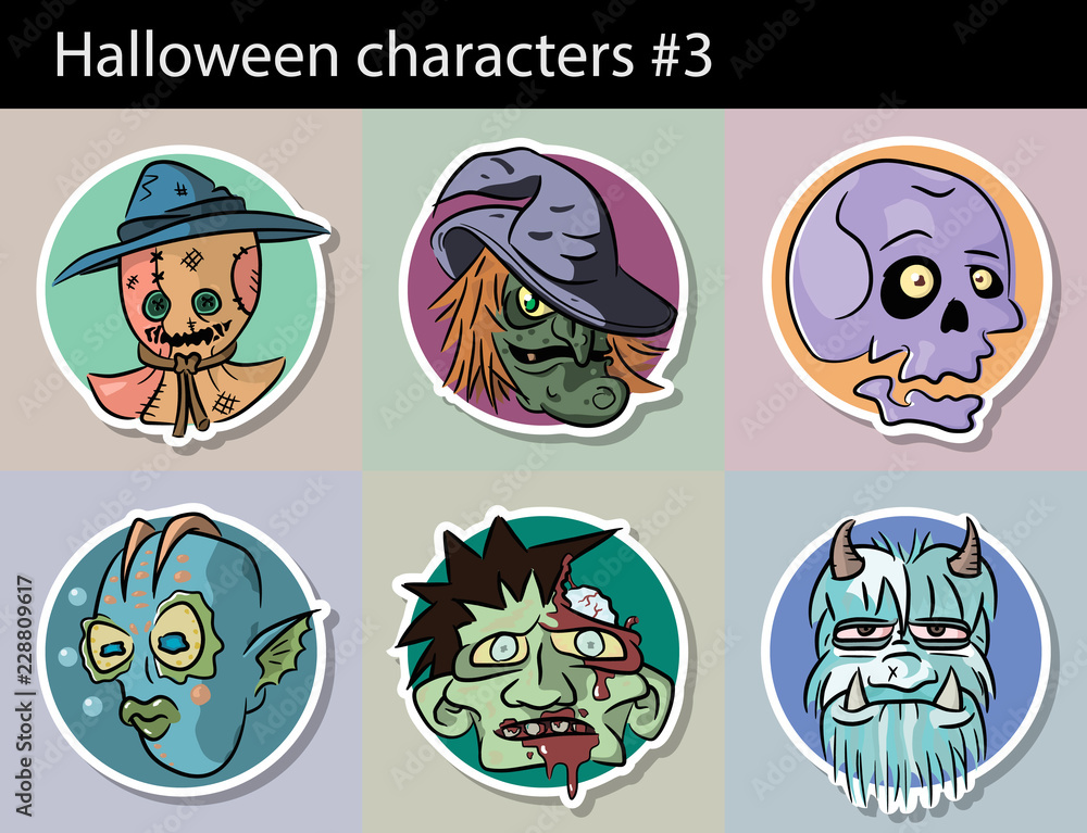 Characters Halloween Set 3. Vector sketch drawing. Scarecrow, witch ...