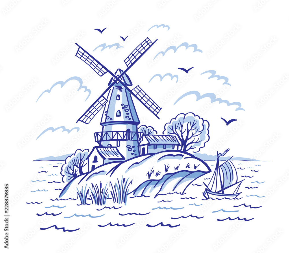 Dutch windmill, blue pattern, painting, Delft, Gzhel, English porcelain ...