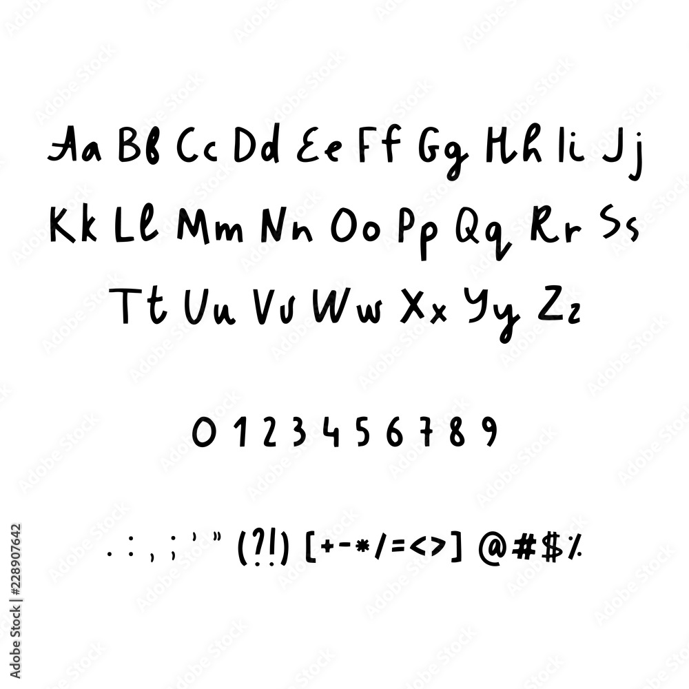 Hand drawn alphabet numbers and punctuation marks. Rustic font. Vector ...