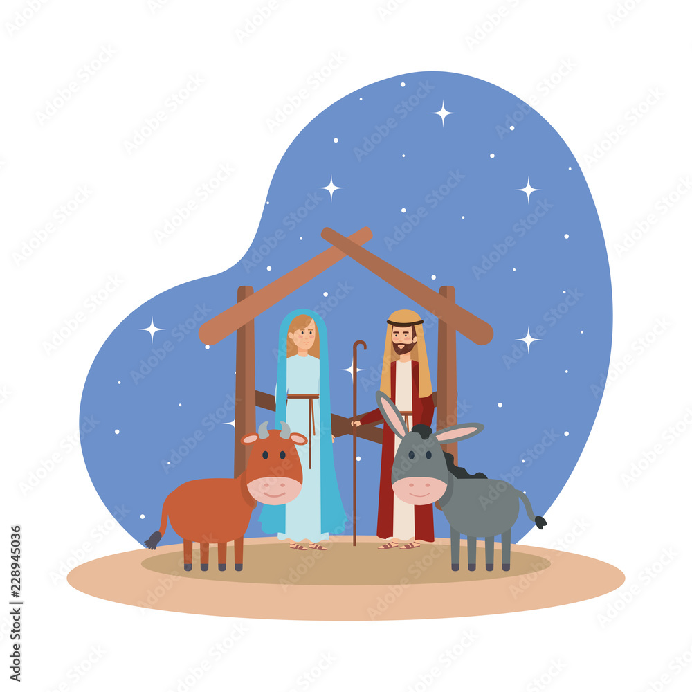 virgin mary and saint joseph with animals Stock Vector | Adobe Stock