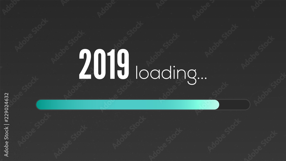 New Year 2019 is loading. Sign with loading panel, progress bar on black background. Greetings ...