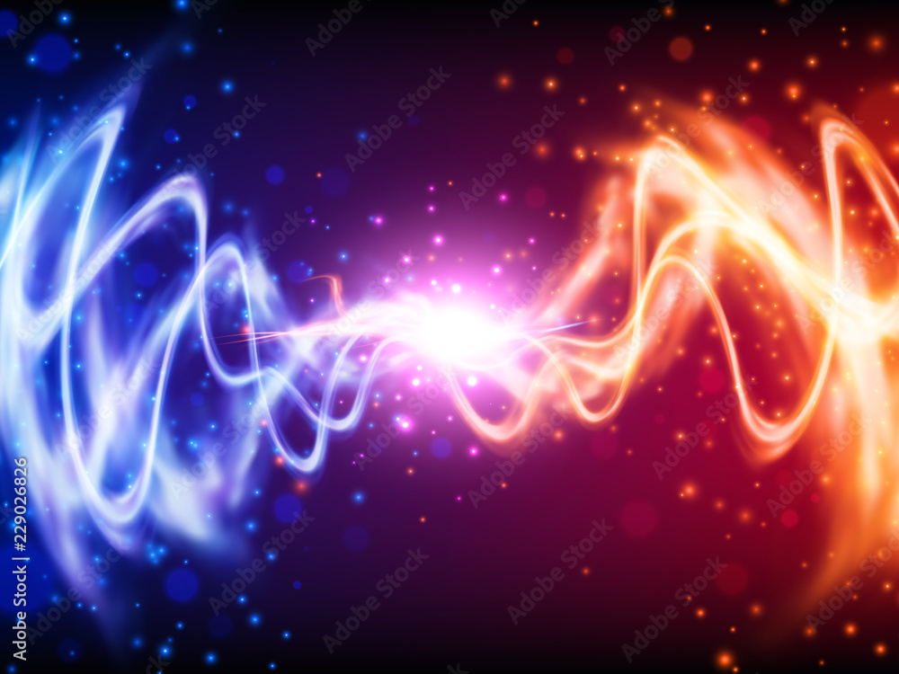 Collision of two forces with yellow and blue lights. Vector light ...