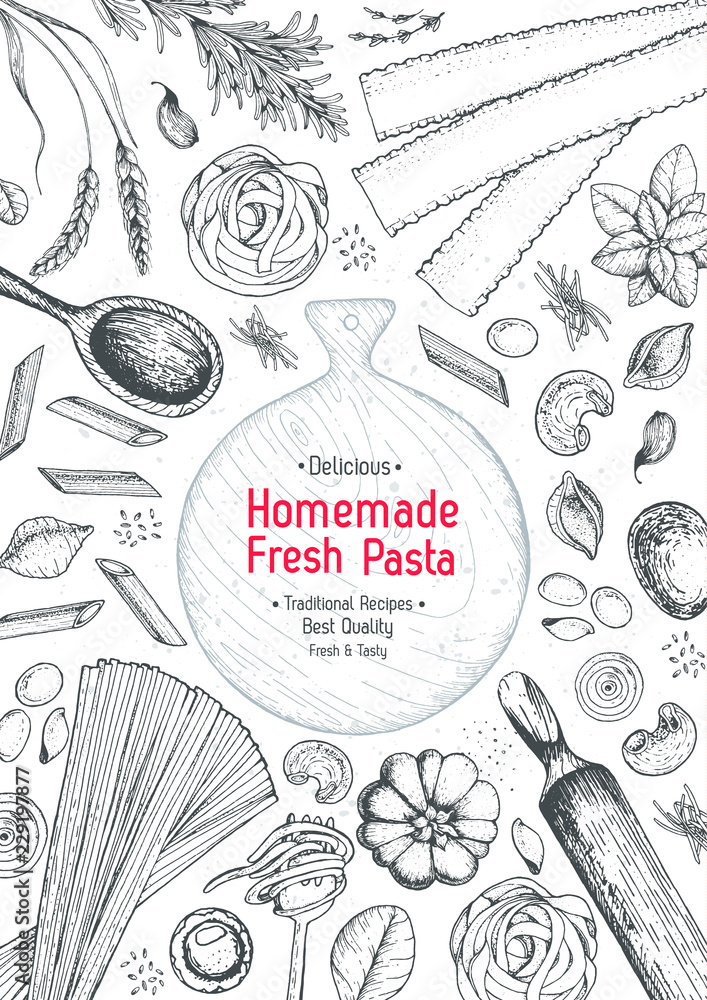 Italian pasta top view frame. Hand drawn vector illustration ...