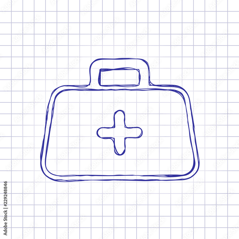 first-aid kit, outline symbol. Hand drawn picture on paper sheet. Blue ...