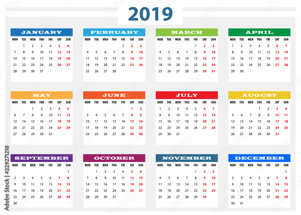 2019 Calendar - vector illustration Stock Vector | Adobe Stock