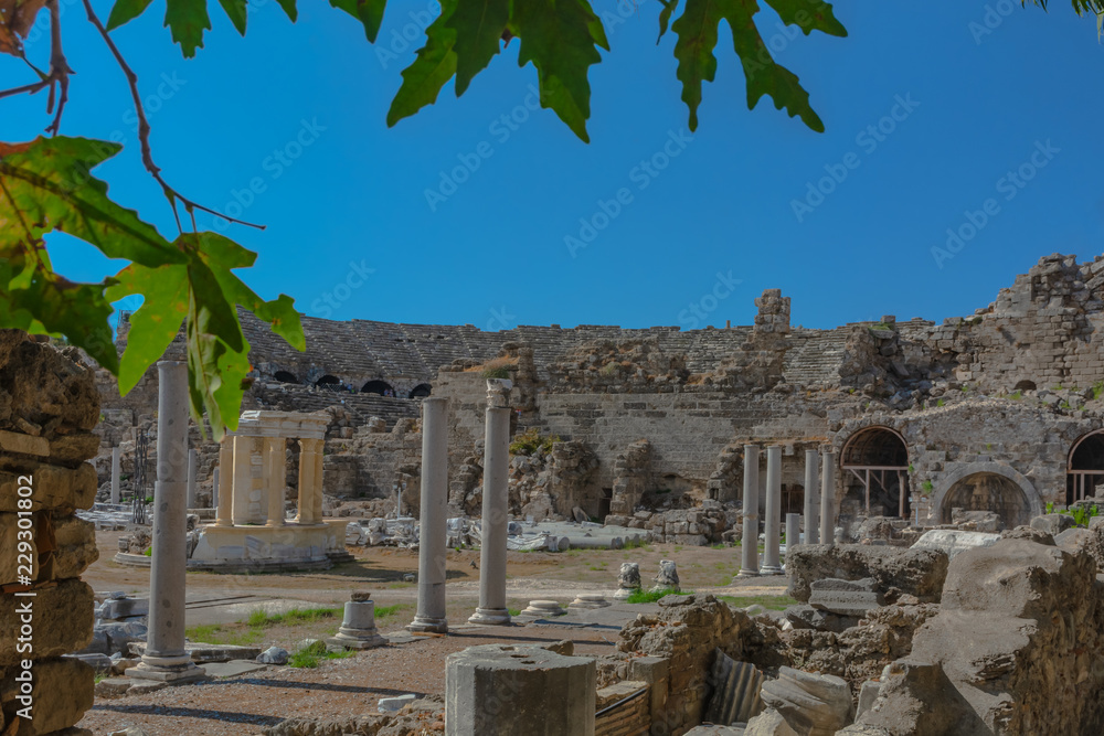 The ruins of the ancient Roman city of Side in Turkey. The remains of ...