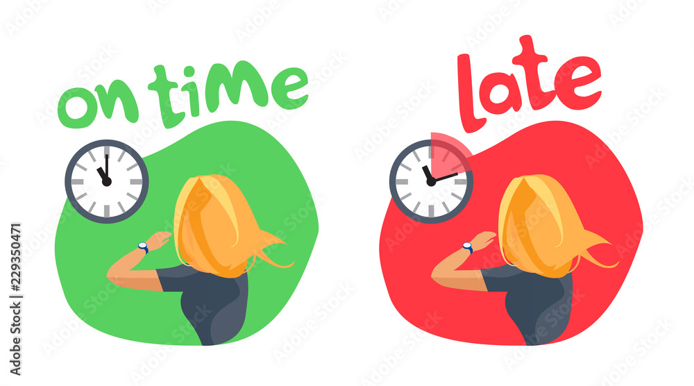 Comparing person being on time and running late. Young hurrying blonde ...