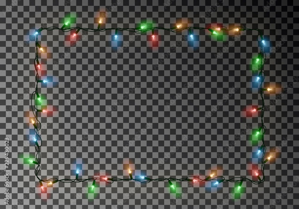 Christmas lights border vector, light string frame isolated on dark ...