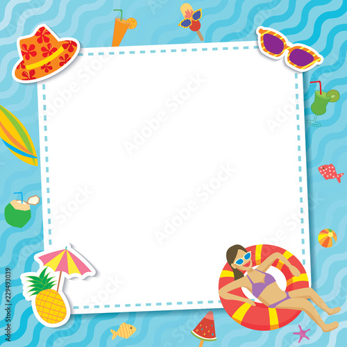 Summer pool party for template frame decorated with accessories and ...