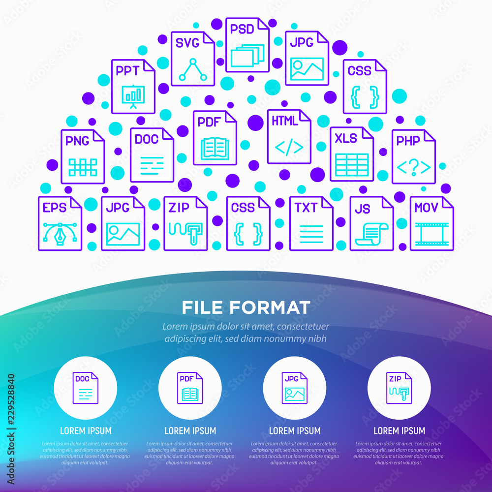 File formats concept in half circle with thin line icons: doc, pdf, php, html, jpg, png, txt ...