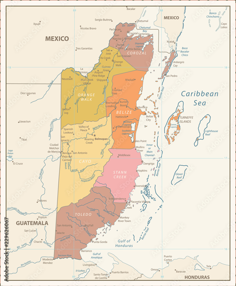 Belize Political Map Retro Color Stock Vector | Adobe Stock
