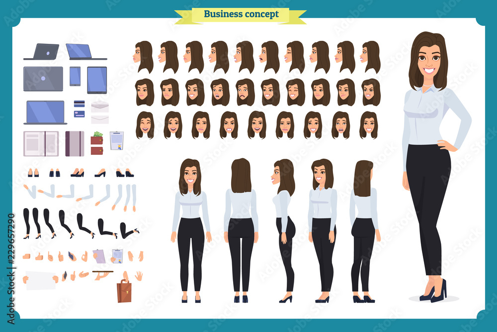 Set of Businesswoman character design.Front, side, back view animated ...