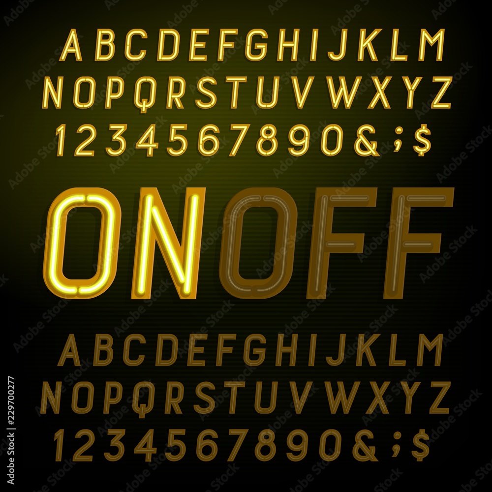 Yellow neon light alphabet font. Lights on or off. Type letters ...
