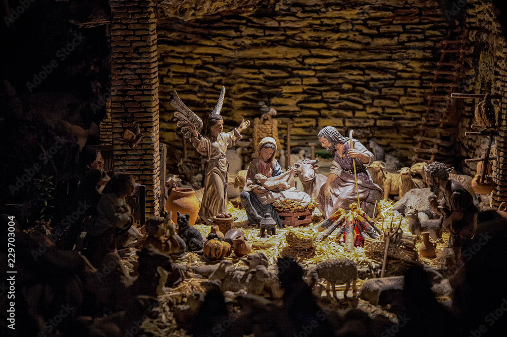 "Macro photograph of a Nativity scene background with Joseph, Mary, and ...