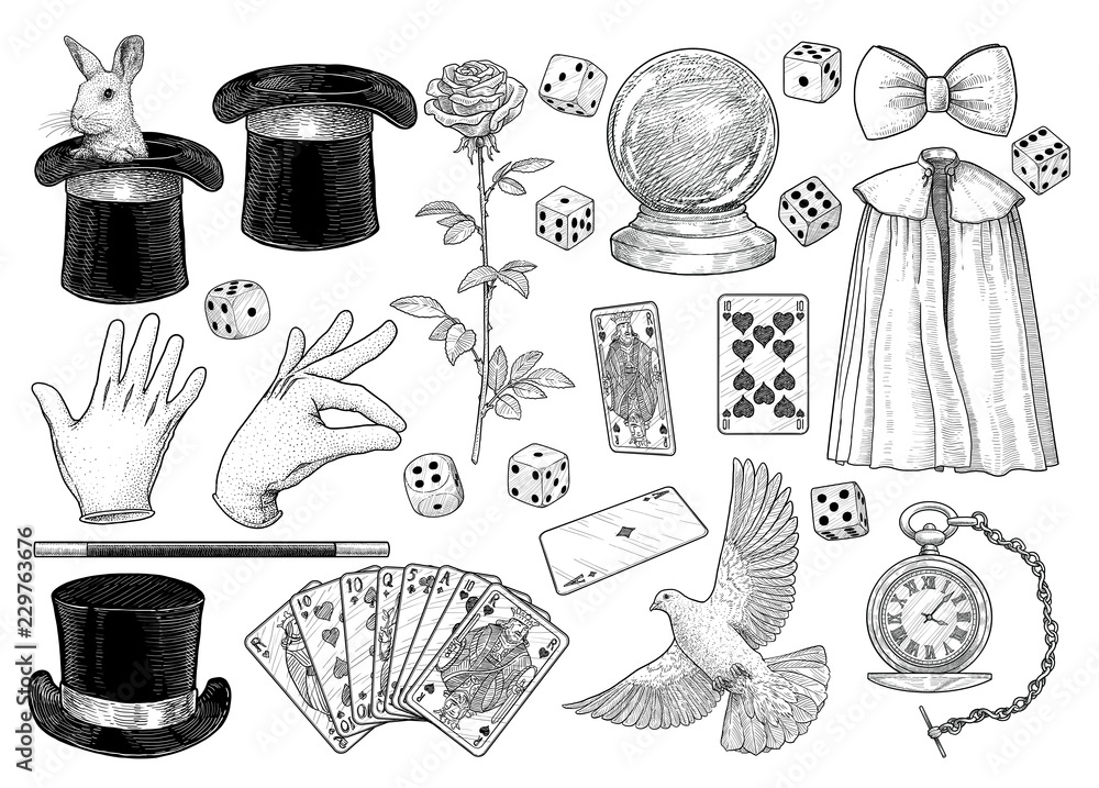 Magician equipment collection illustration, drawing, engraving, ink ...