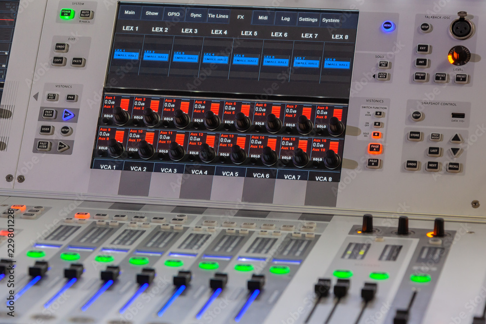 Perfomance and recording digital mixer system. Backlighted buttons and ...