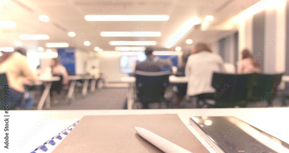Abstract defocused photo of conference room or seminar room with ...