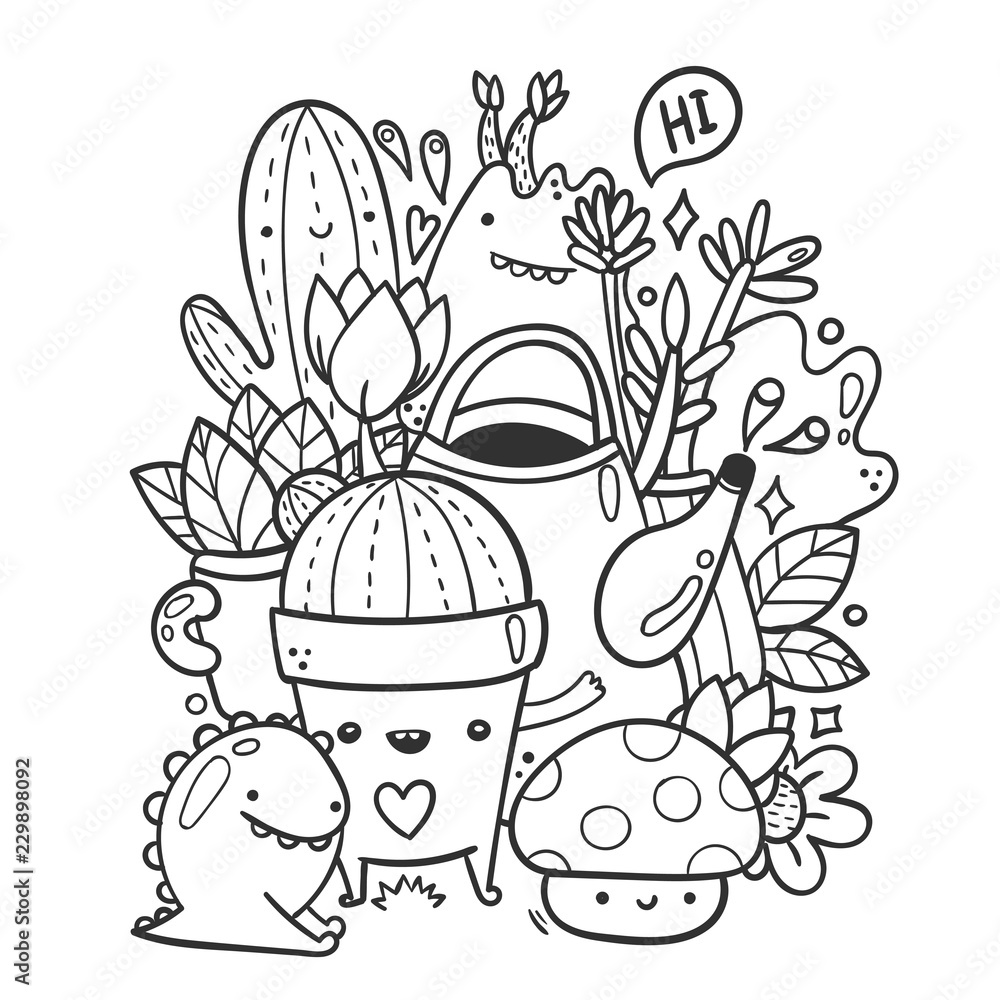 Cute garden monsters. Doodle coloring page. Hand drawn vector ...