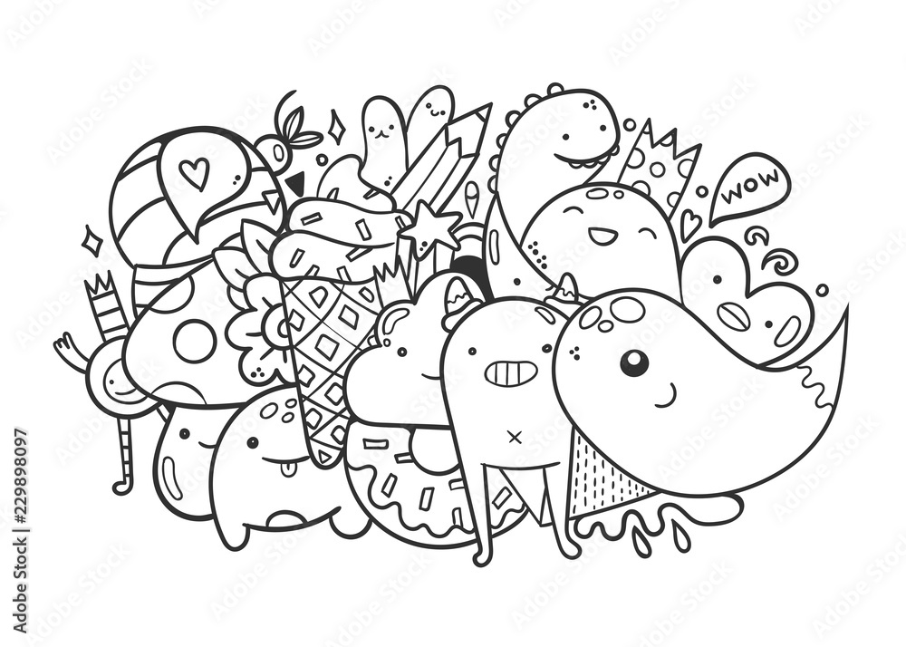Cute monsters. Doodle coloring page. Hand drawn vector illustration ...