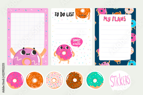 Set of three vector planners and to do list, and five donut stickers ...