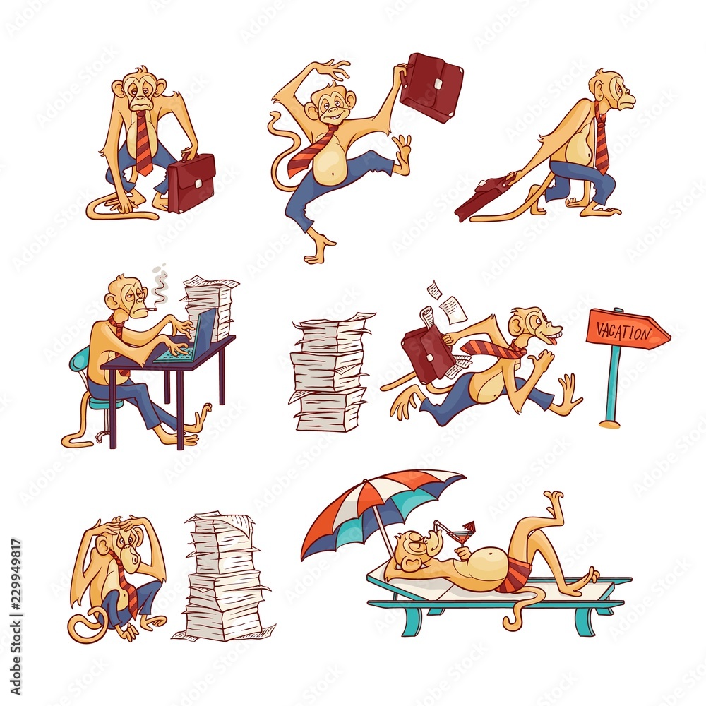 Monkey office worker set with overworked and relaxing on beach furry ...
