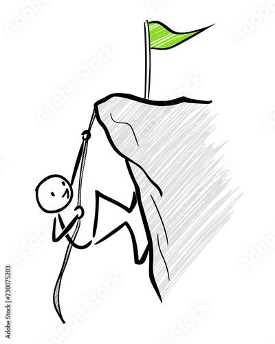 Happy climber reaches the peak of the mountain. Stick figure vector ...