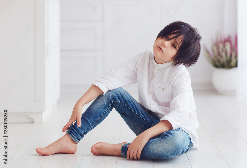 young calm boy, anime character, sitting barefoot on the floor Stock ...
