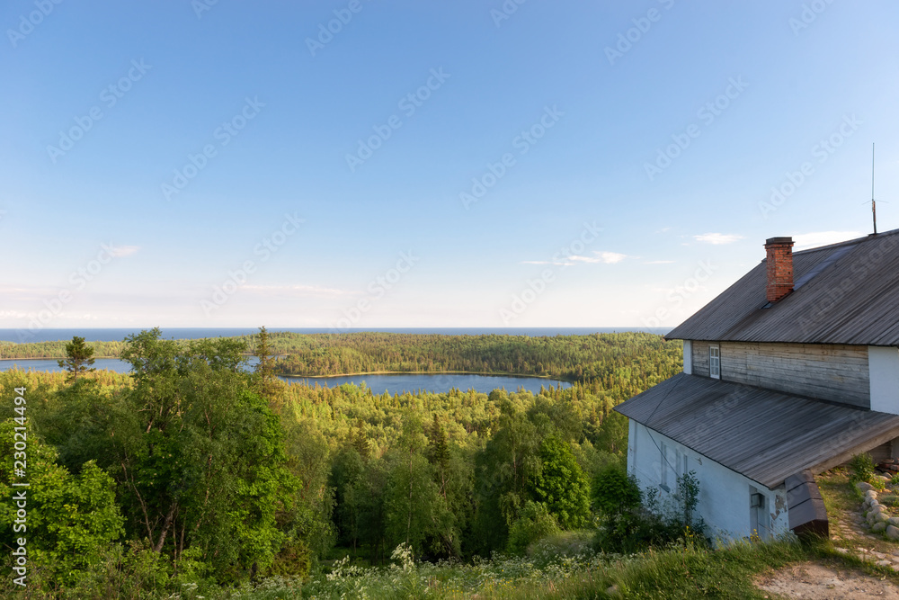 View of the island of Anzersky, monastery building, and the White Sea ...