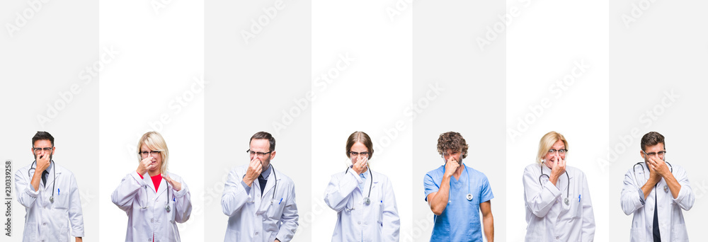 Collage of professional doctors over stripes isolated background ...