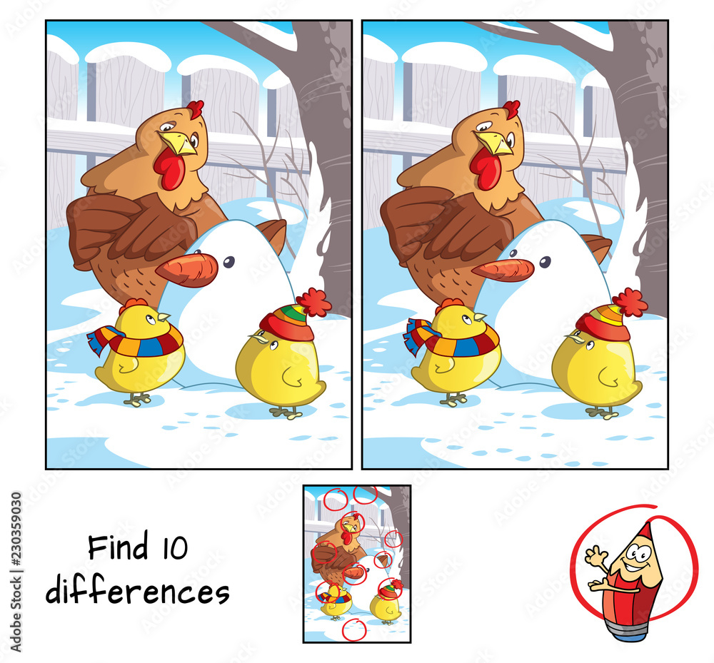 Two little chicken, hen and snowman. Find 10 differences. Educational ...