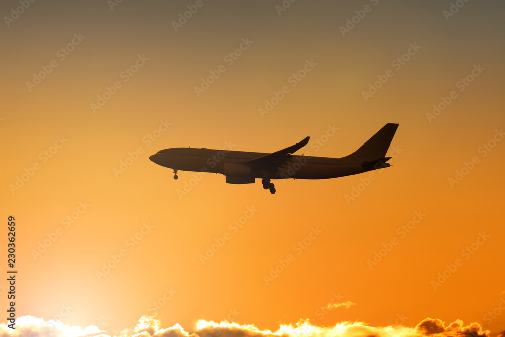 Heavy widebody jet engine passenger airplane flying against sunset sky ...
