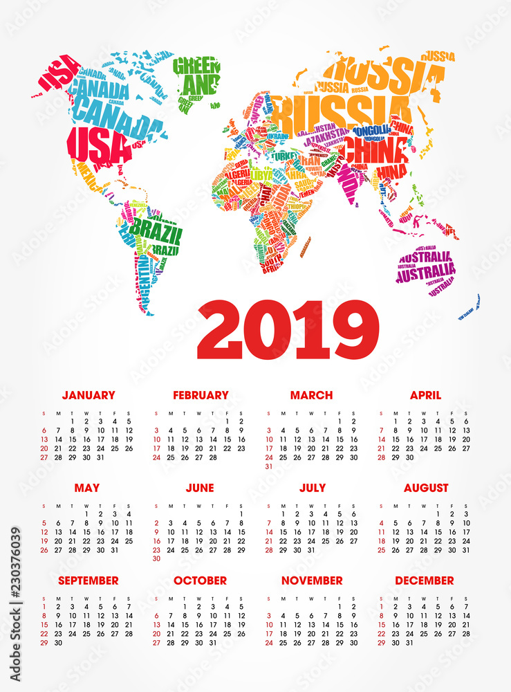 Calendar for 2019 year, World Map in Typography word cloud with names ...