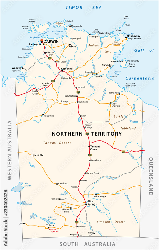 Vector road map of the Northern Territory, Australia Stock Vector ...