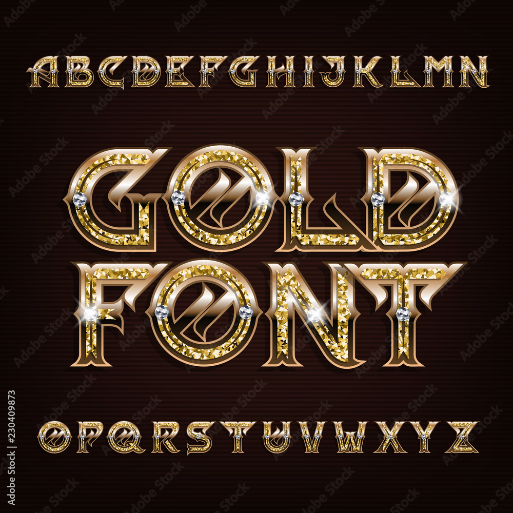 Gold alphabet font. Golden letters and numbers with diamonds. Stock ...