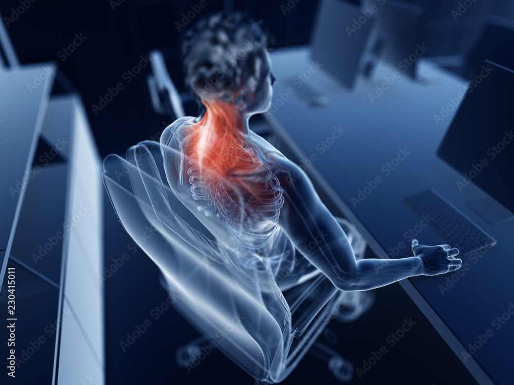 3d rendered illustration of a man working on a pc - painful muscles ...