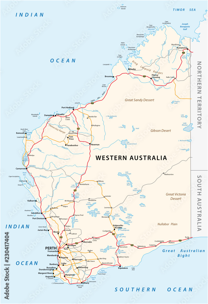 Road vector map of the Western Australian state Stock Vector | Adobe Stock