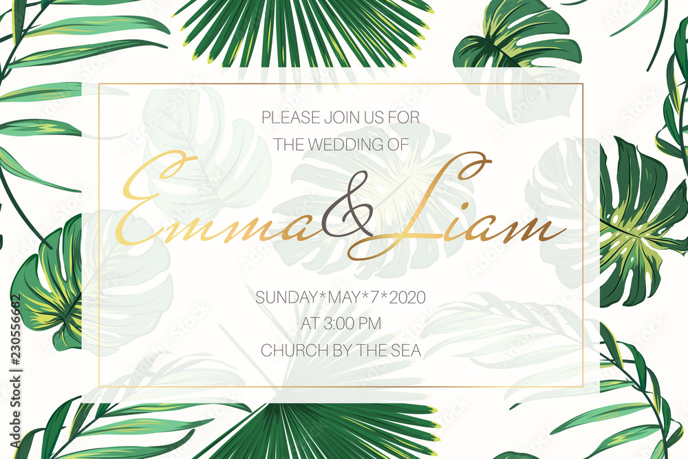 Wedding event invitation card template. Exotic tropical jungle ...