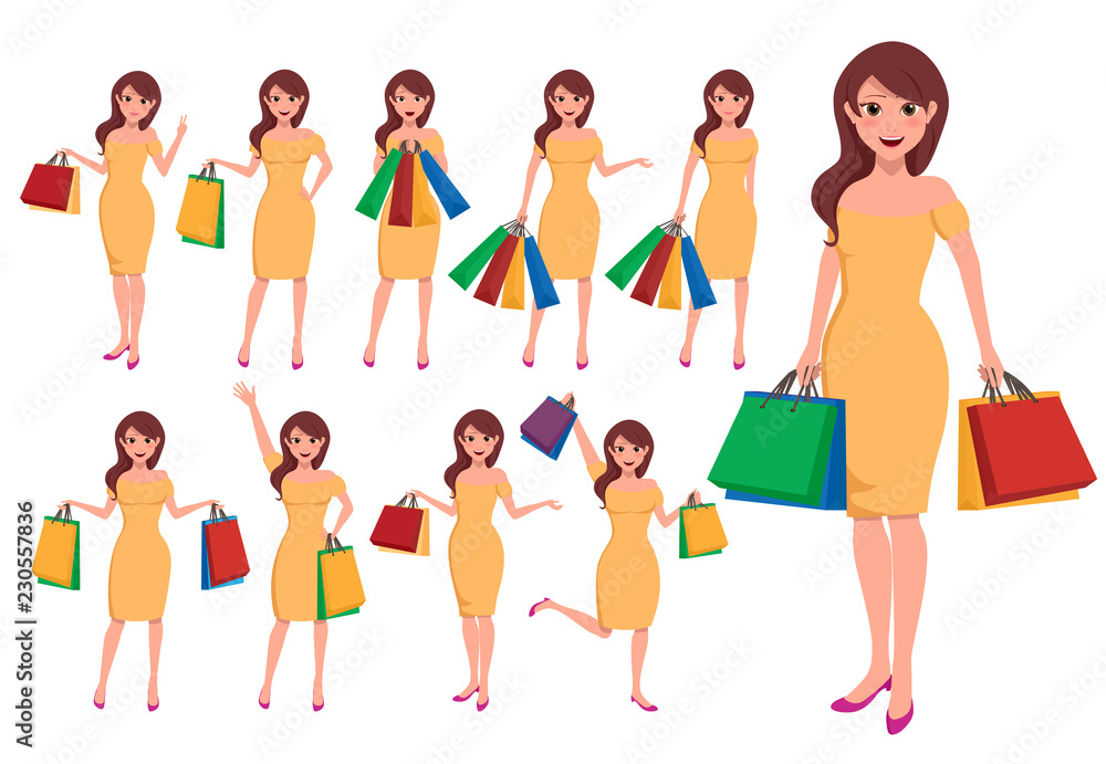 Shopping woman vector character set. Fashion girls cartoon characters ...