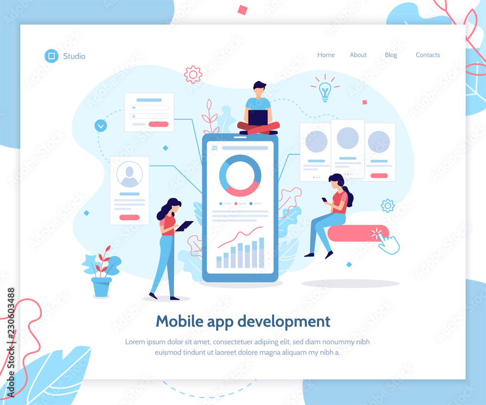 Vetor Team of developers construct mobile app. UI UX design. Web banner design template. Flat ...