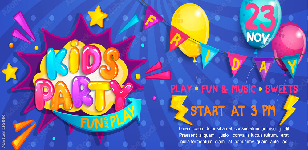 Wide cute kids party Banner in cartoon style with balloons, flags and ...