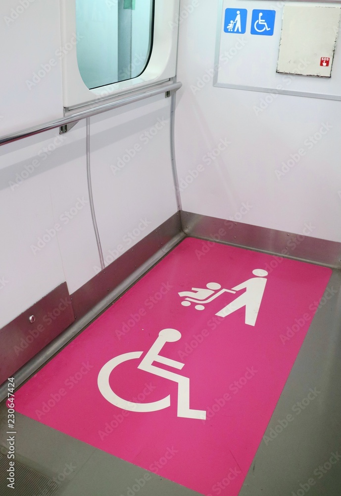The sign of area for disabled and baby stroller in railways. Universal ...