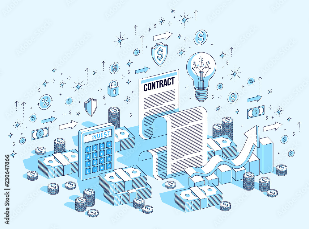 Contract sheet paper legal document and cash money stacks isolated on ...