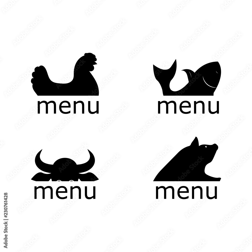 Chicken menu. Fish menu. Beef menu. Pork menu. Flat animal icons Stock ...