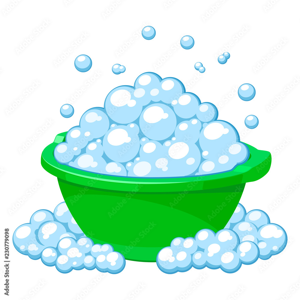 Green plastic pool with soap suds. A tank of water for washing clothes ...