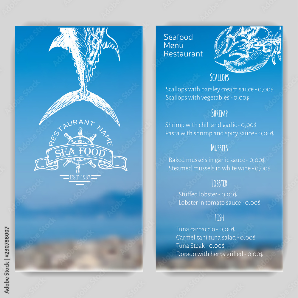 Vector illustration sketch - logo seafood. Card Menu restaurant. Stock ...