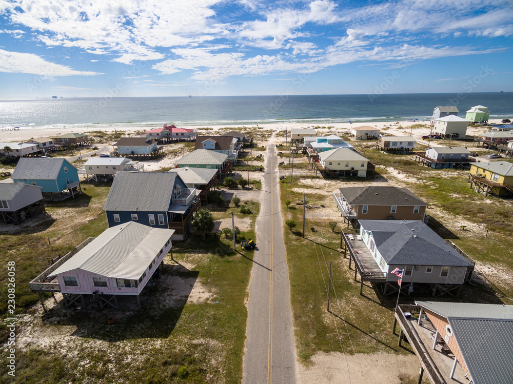 Drone/Aerial ocean photograph of the Gulf Shores/Fort Morgan peninsula ...