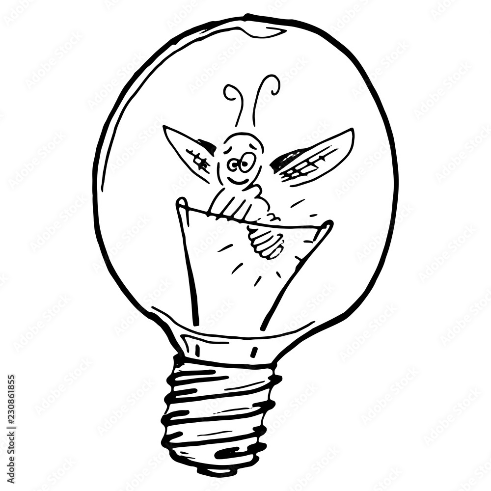 Vector firefly in light bulb. Doodle light concept. Incandescent lamp ...